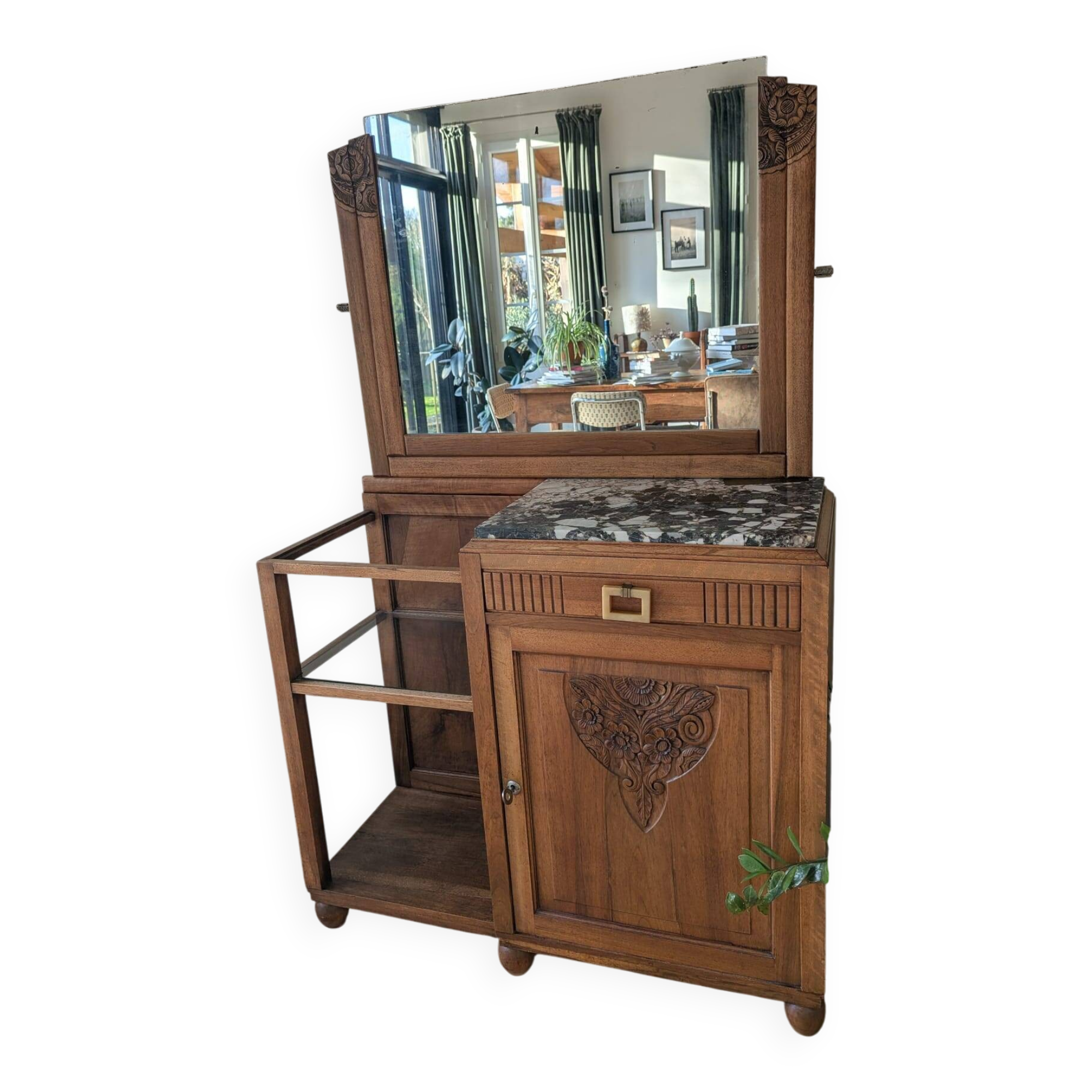 Meuble Art déco en bois avec miroir pivotant et plateau en marbre | Selency