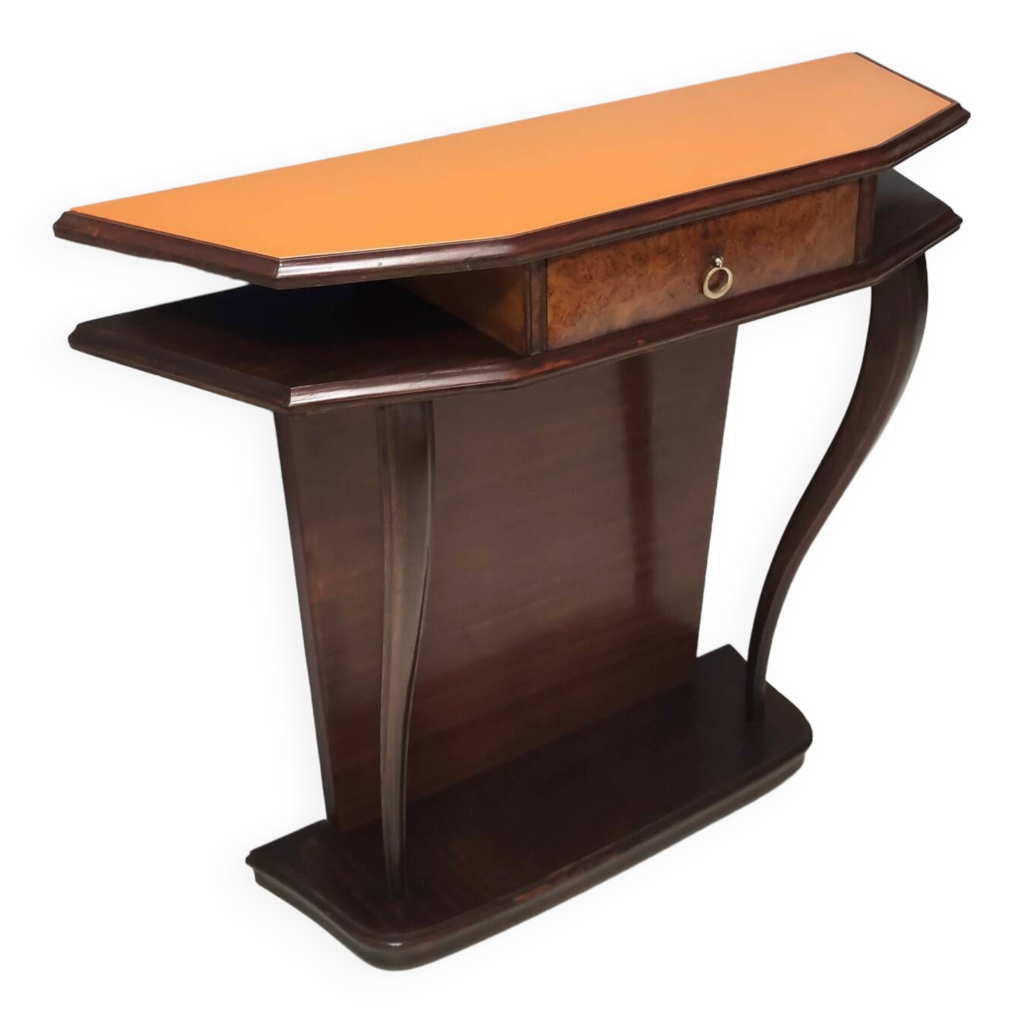 Table console vintage en hêtre et racine de noyer avec plateau en verre orange, italie | Selency