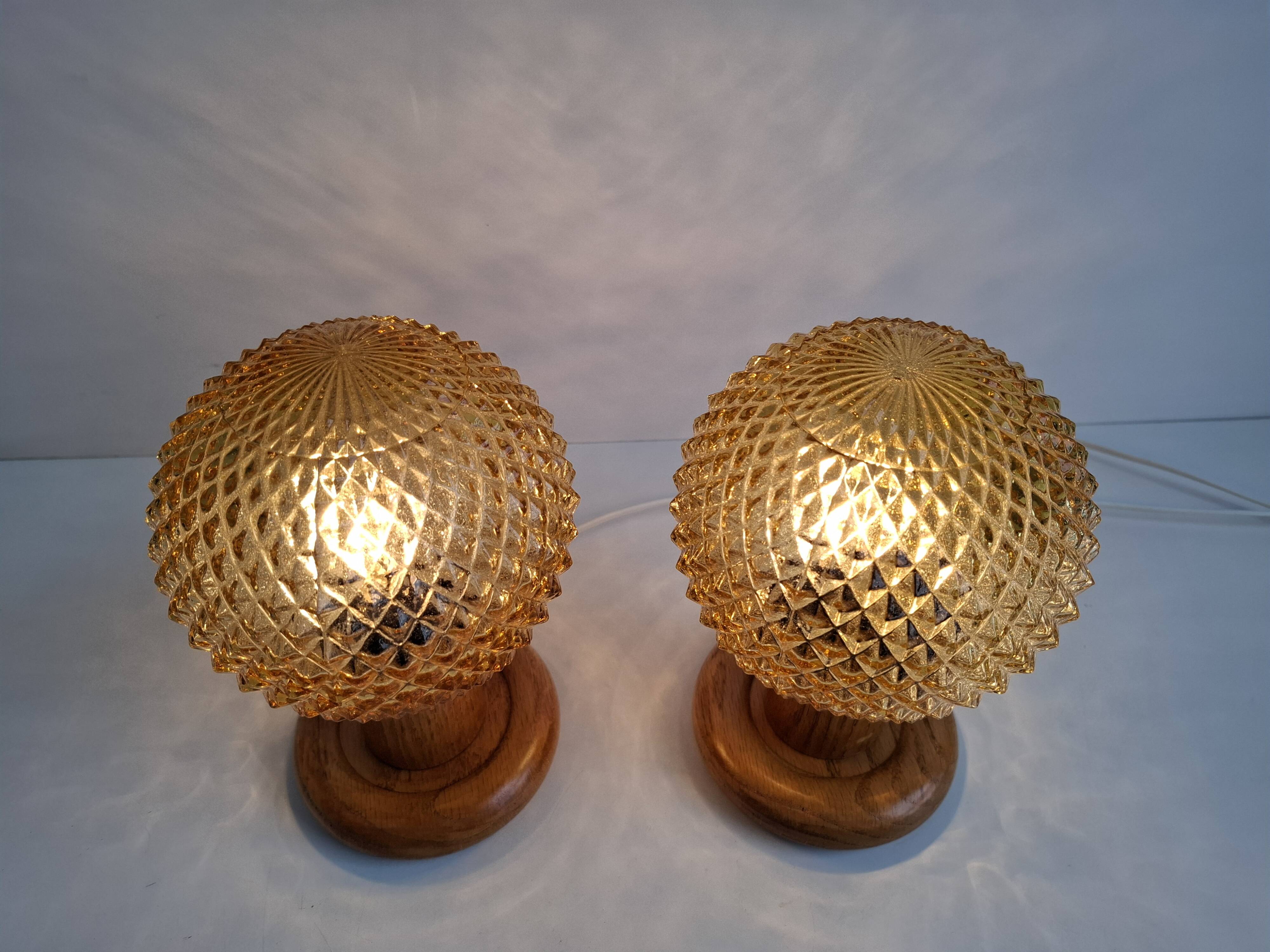 Pair of Mid-Century Table Lamps with Amber Glass and Wood Base | Selency