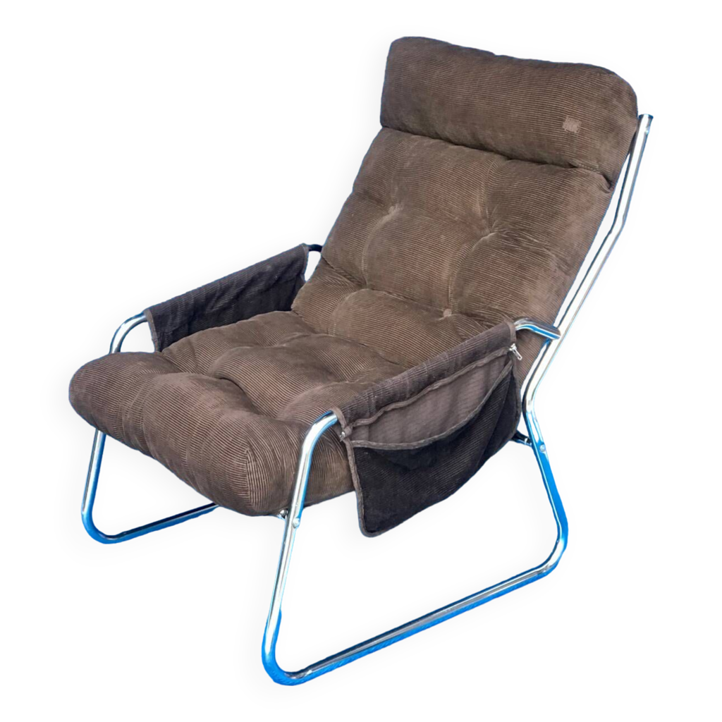 FAUTEUIL VELOURS MARRON CHROME 1970 IKEA VINTAGE | Selency