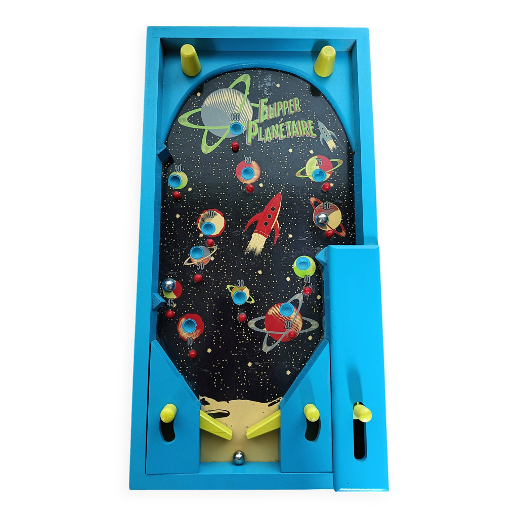 Jeu jouet ancien "flipper planétaire" en bois avec billes en métal ...