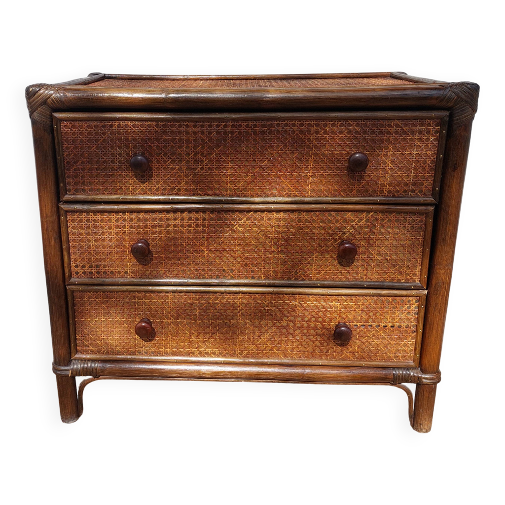 commode en osier, cannage et bois de bambou, vintage | Selency