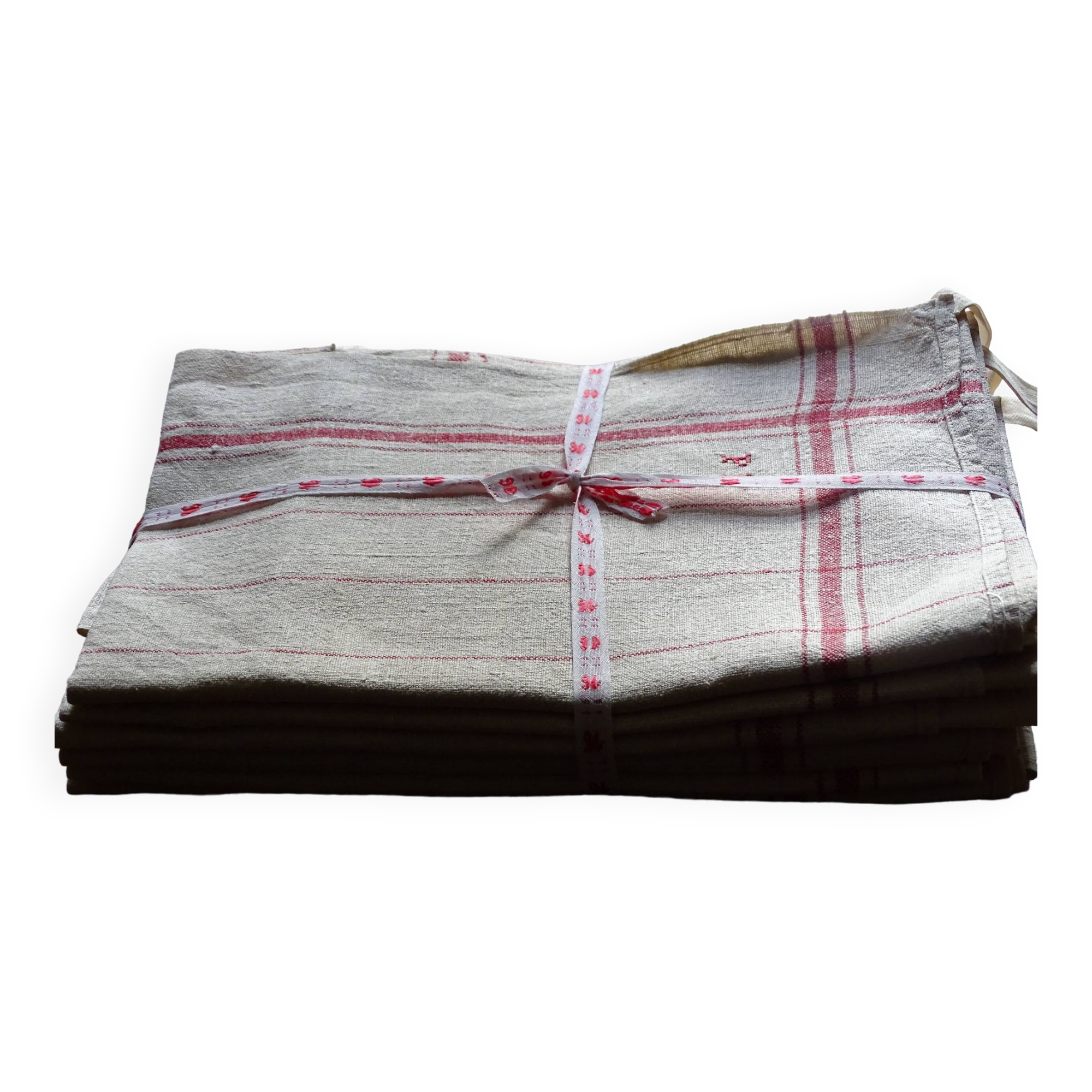 Torchon ancien en lin monogrammé PF couleur lin naturel et liteaux ...