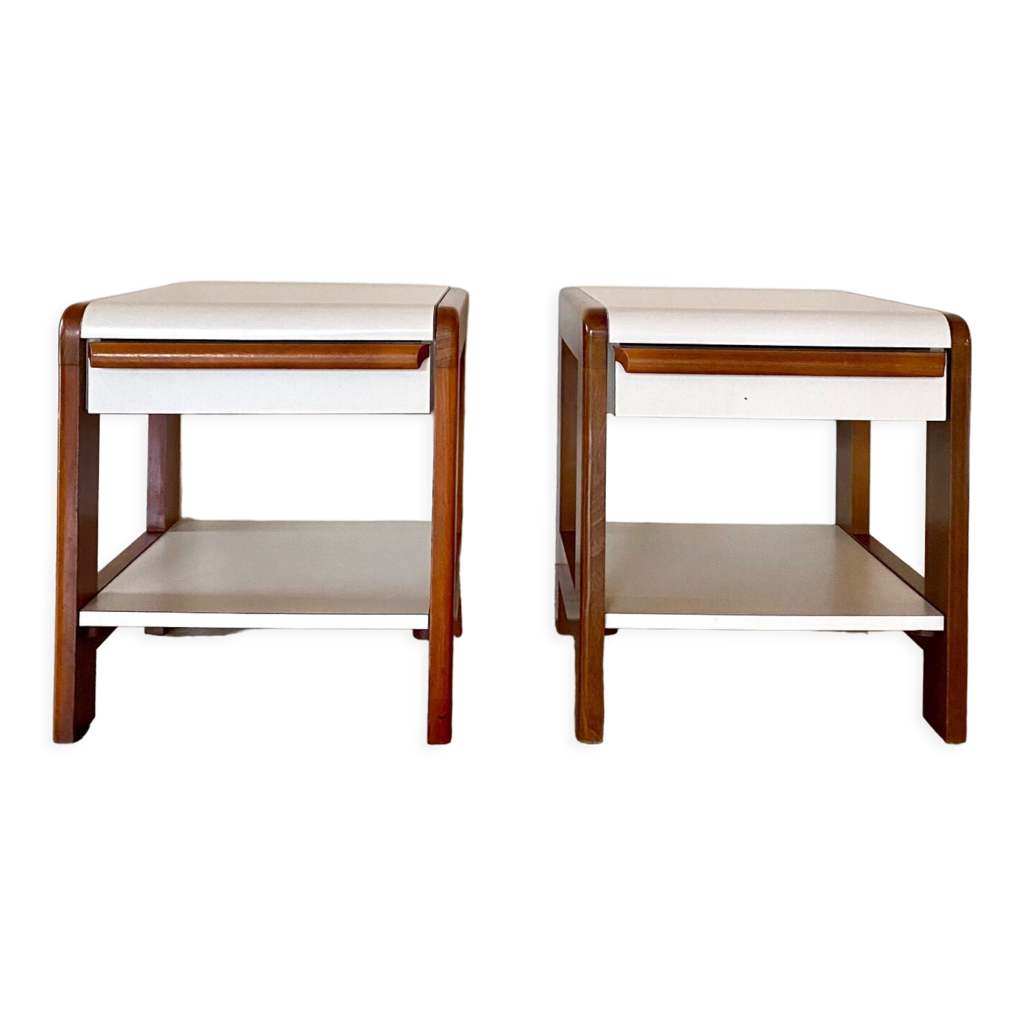 Paire de tables de chevets 70 en merisier et stratifié blanc | Selency