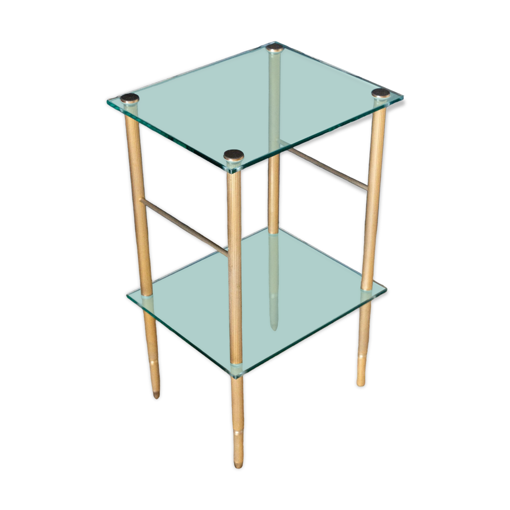 Table d'appoint chevet 1980 métal doré 2 plateaux en verre | Selency