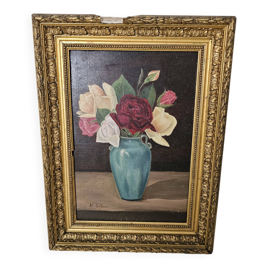 Tableau Huile sur Toile - Nature Morte Vase bouquet de Roses Signé M Defleu | Selency