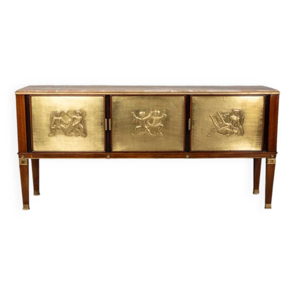 Buffet vintage années 40 en bois bas-reliefs en laiton et marbre design ...
