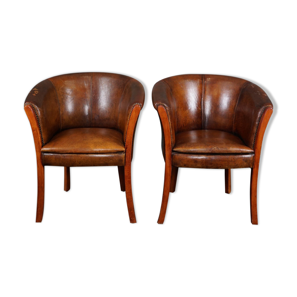 Set de 2 fauteuils cabriolet en cuir de mouton chaises latérales | Selency