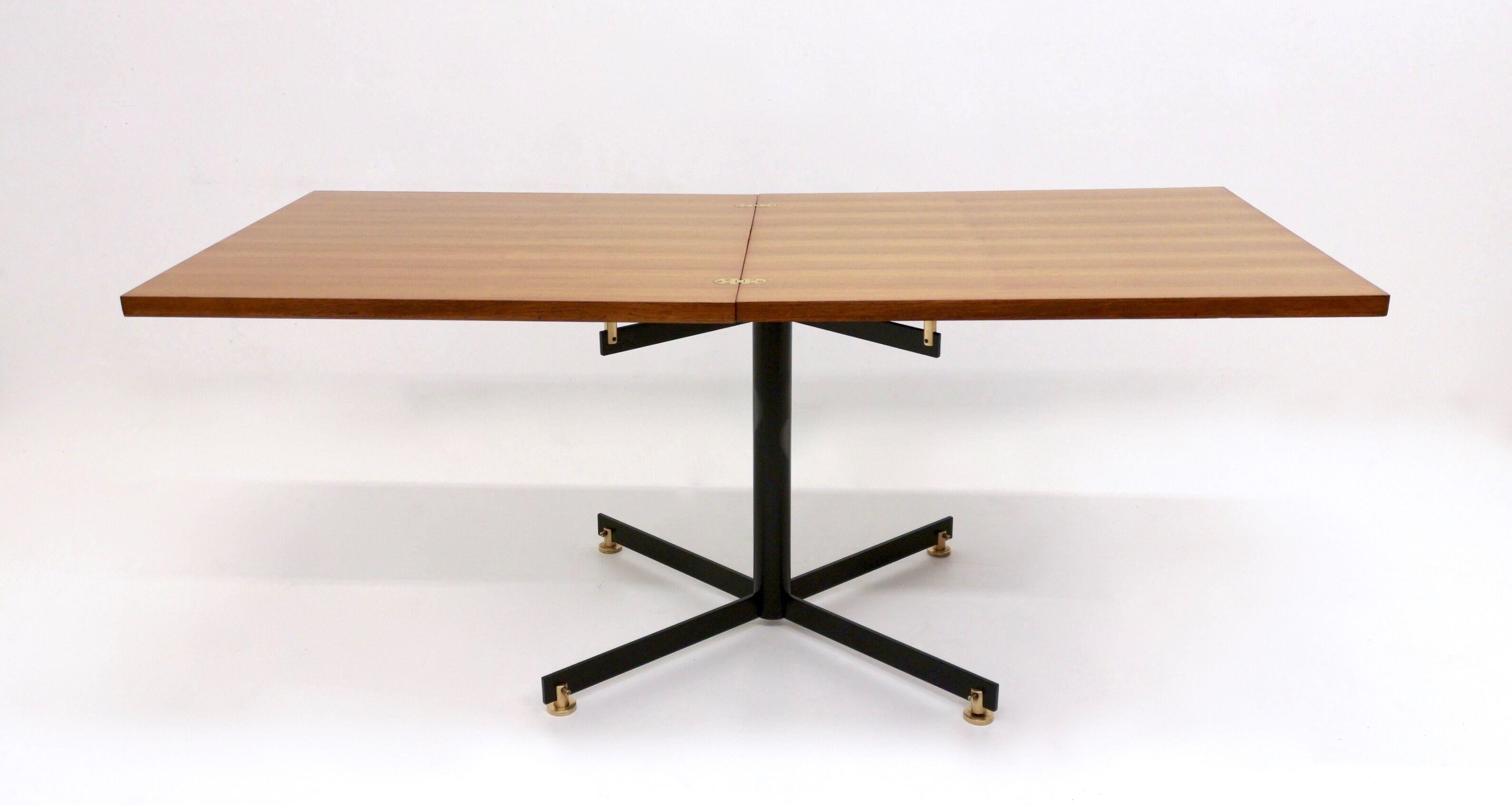 Table à manger vintage extensible en teck et formica blanc avec piédestal en métal | Selency