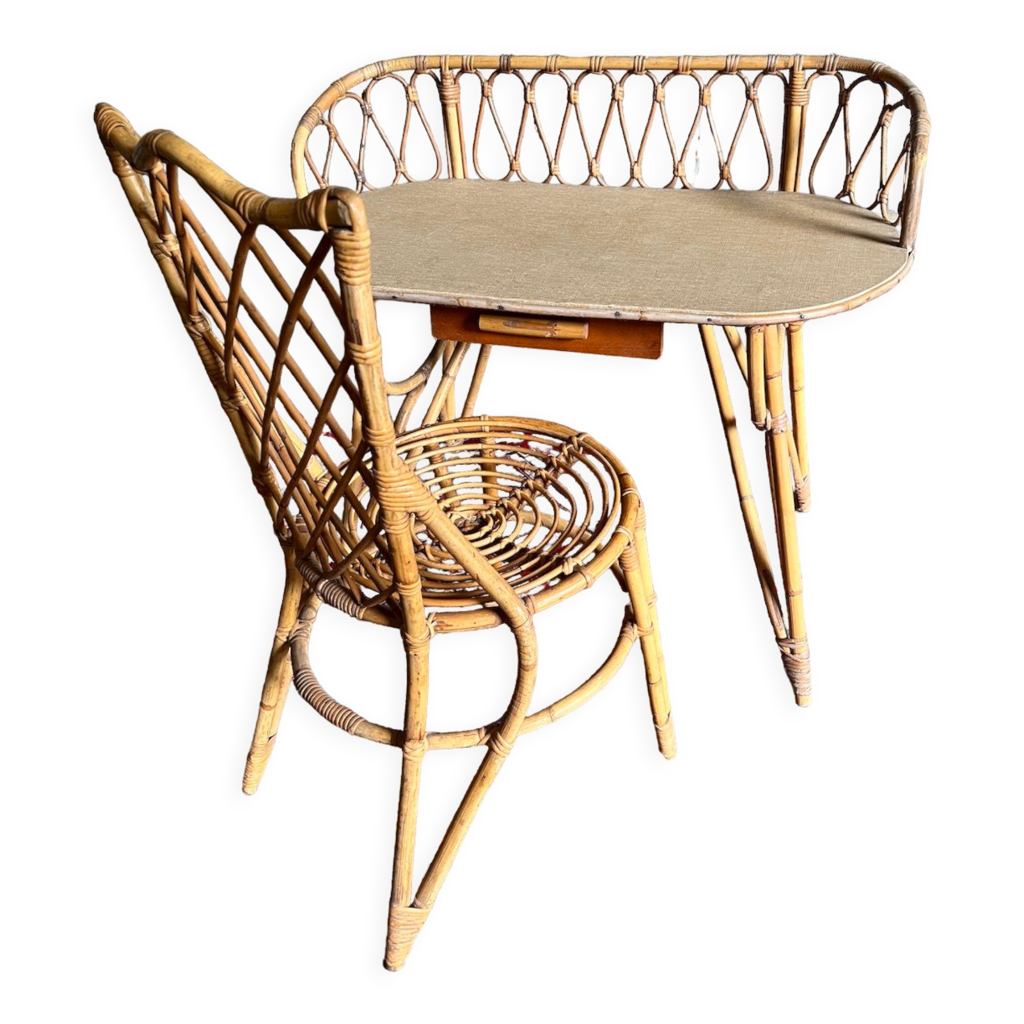Coiffeuse et chaise vintages en rotin | Selency
