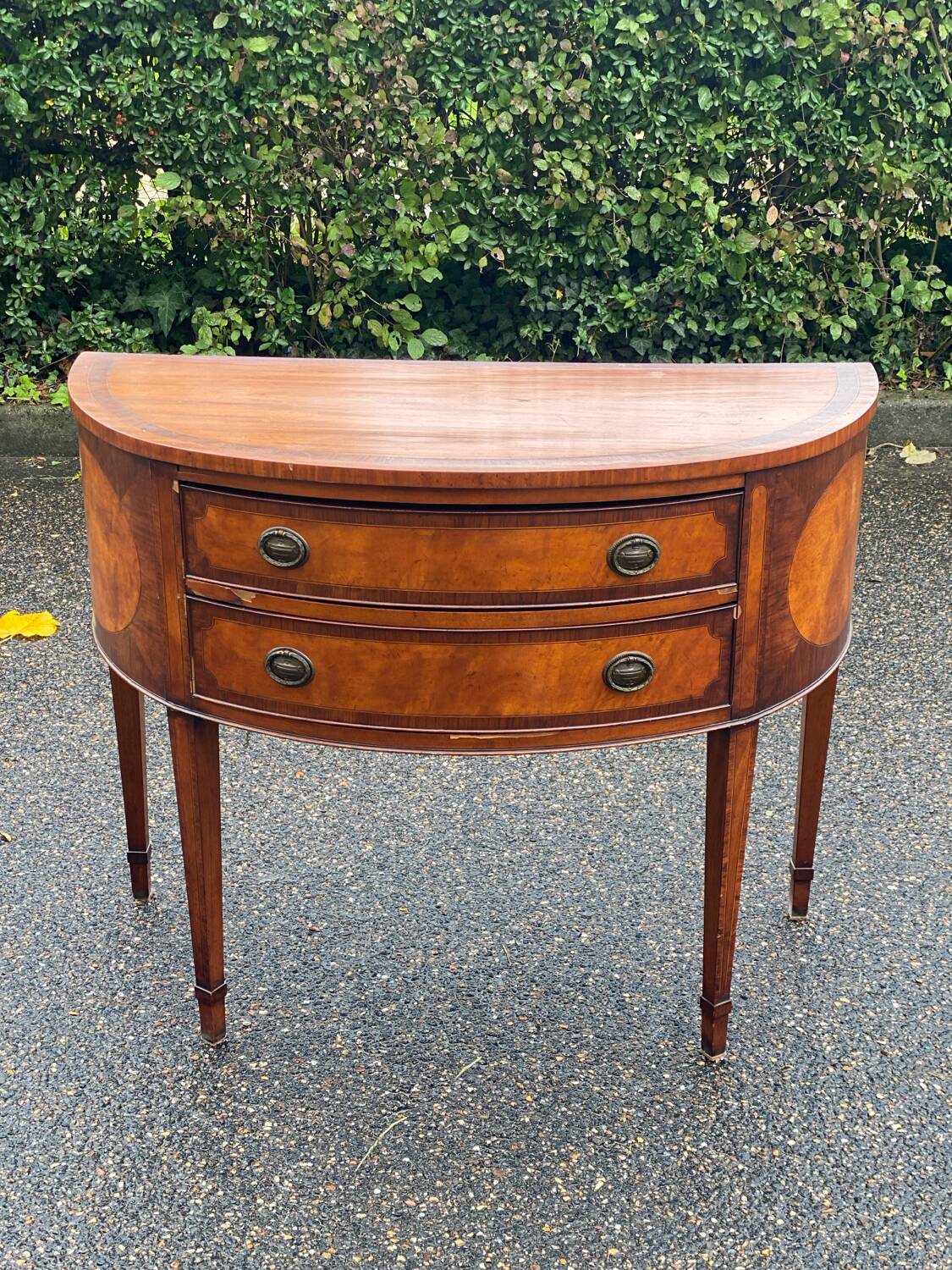 Commode console demi lune vintage bois et marqueterie Louis XVI | Selency