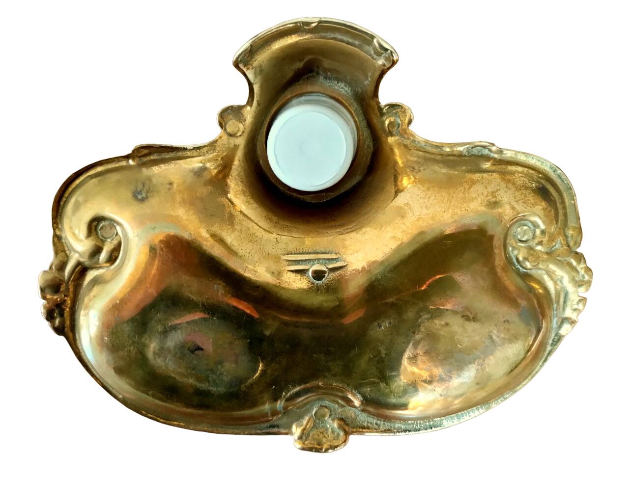 Encrier - Vide-poche Art-Nouveau en laiton avec son godet en porcelaine ...