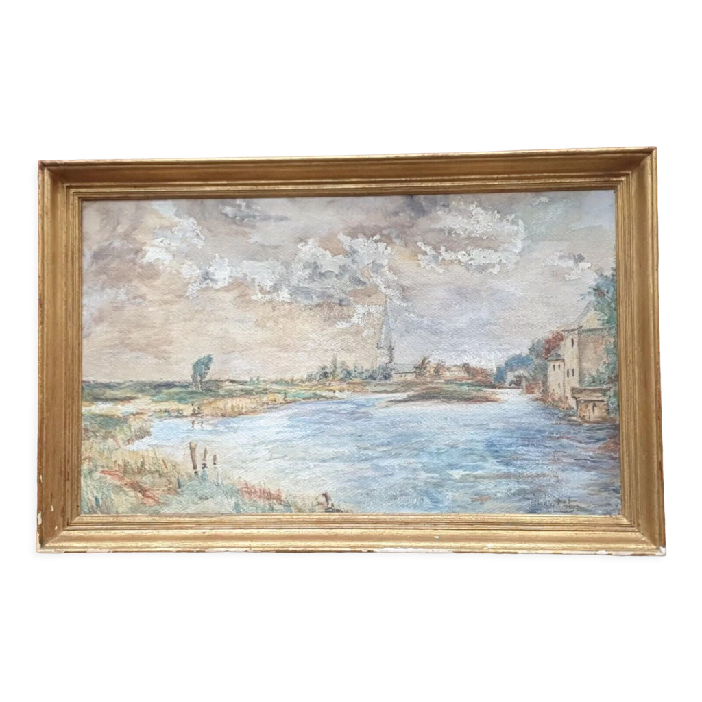 Peinture signée, paysage peinture à l’huile sur panneau de bois, style ...