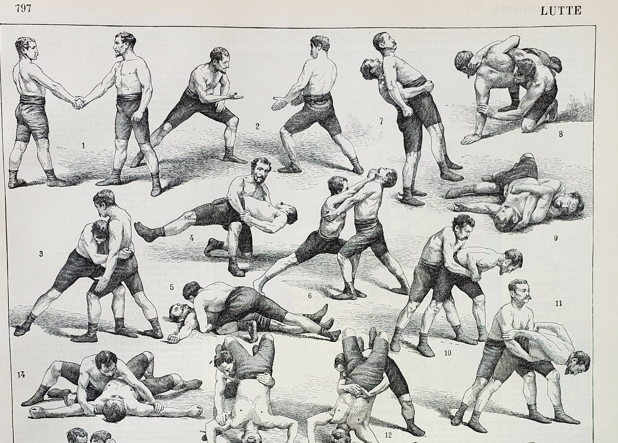 Gravure ancienne 1898, Lutte, sport de combat, boxe • Lithographie ...