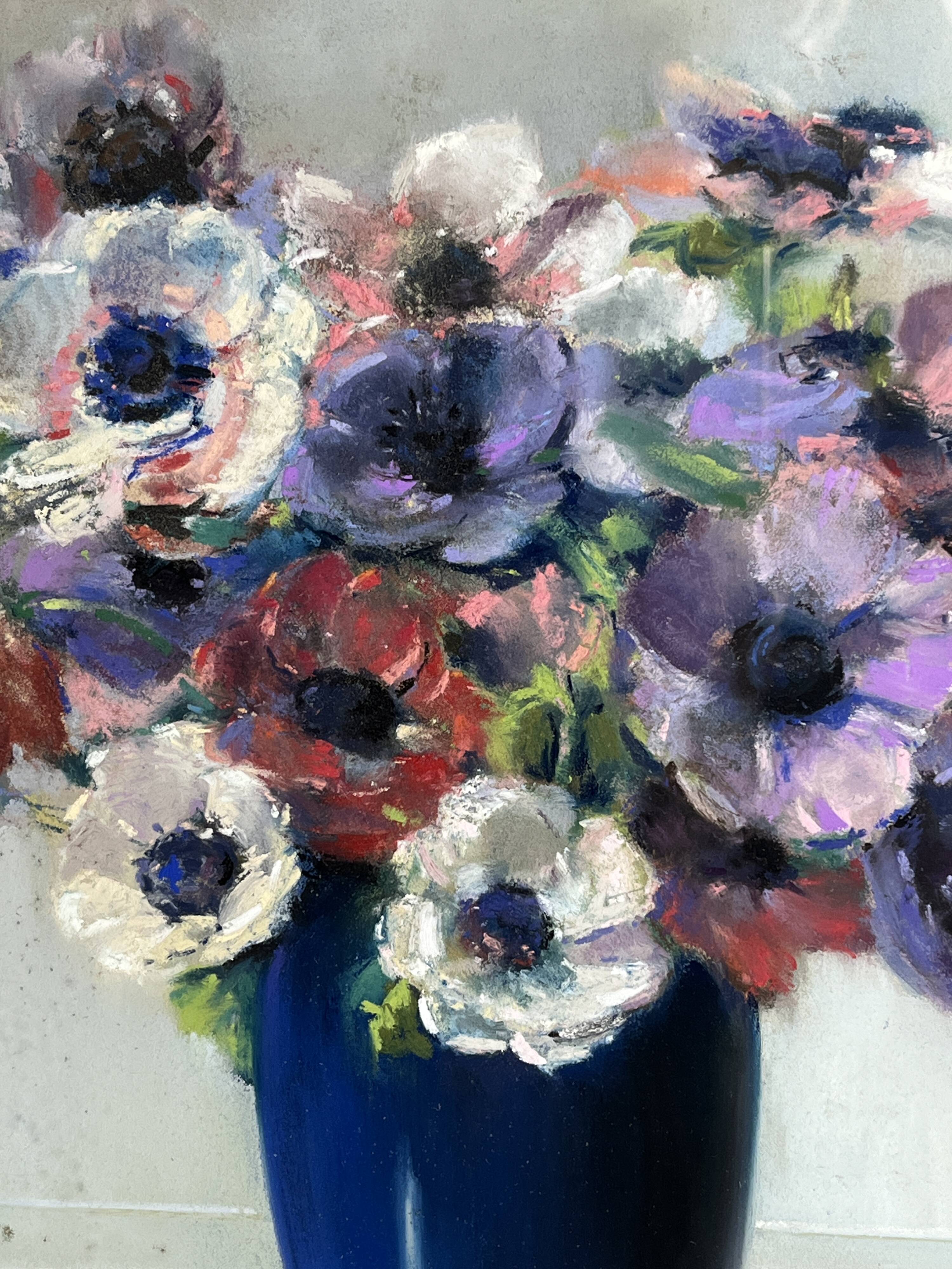 BURON Henri, Pastel nature morte bouquet anémones signé vers 1950 | Selency