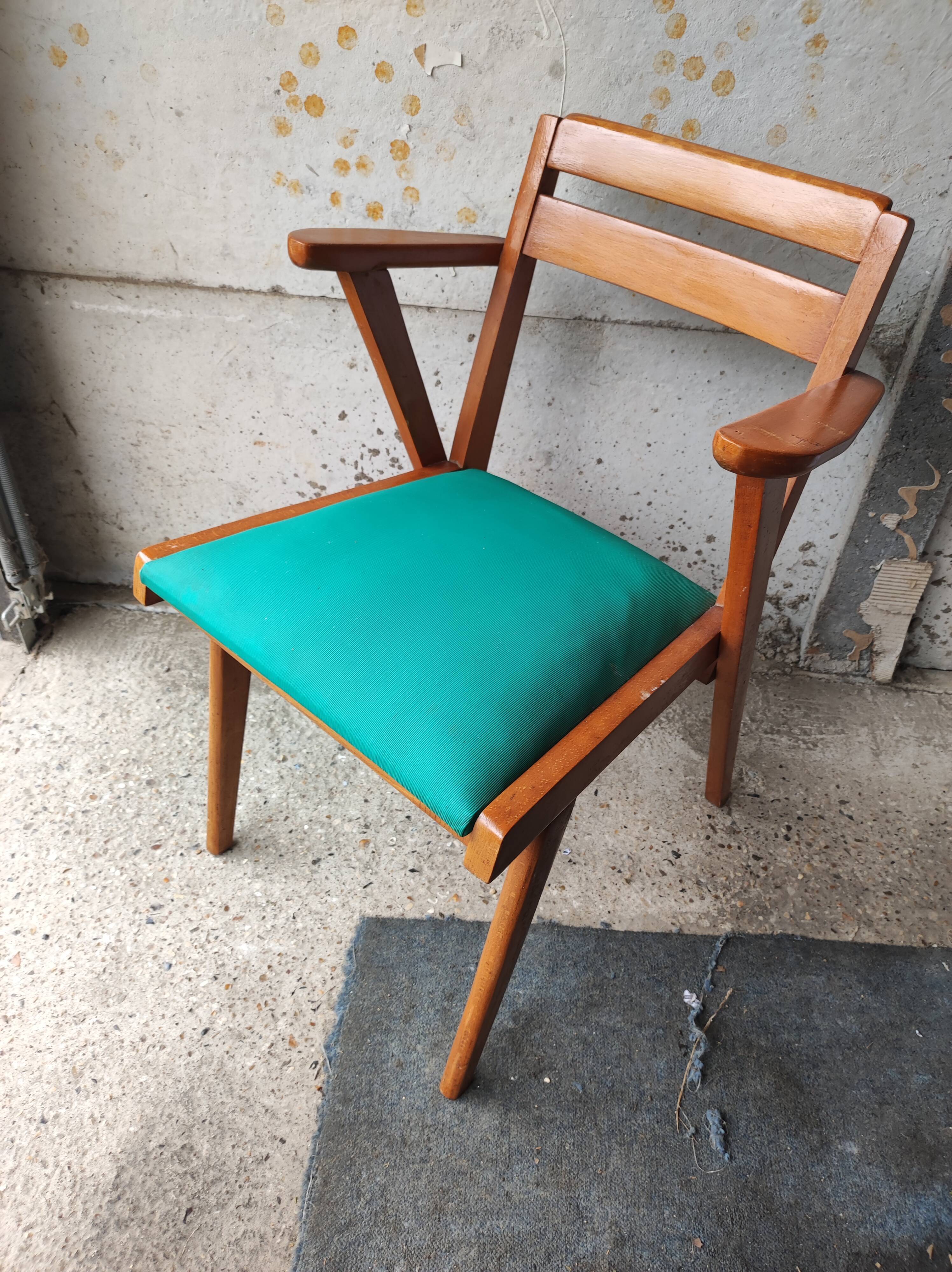 Chaise bois et simili vert pieds compas vintage | Selency