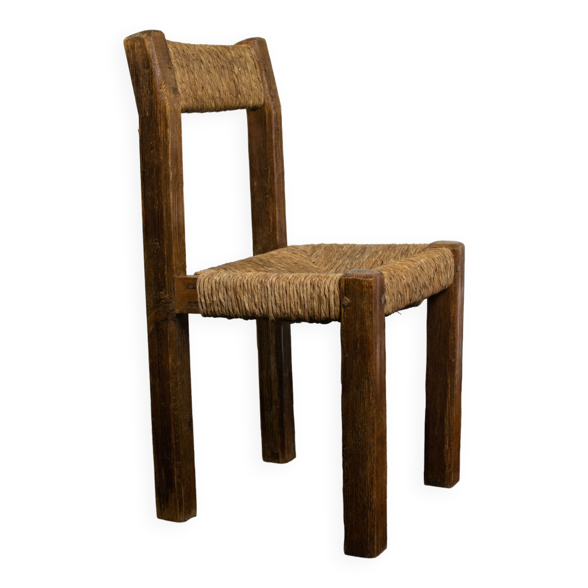 Chaise bois et paille brutaliste, 1950 | Selency