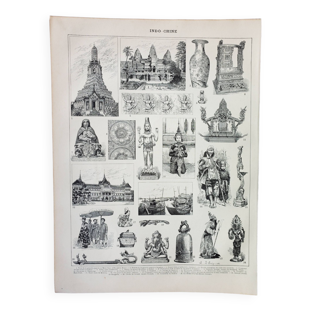 Old engraving 1898, Indochina, architecture, decoration • Lithograph ...