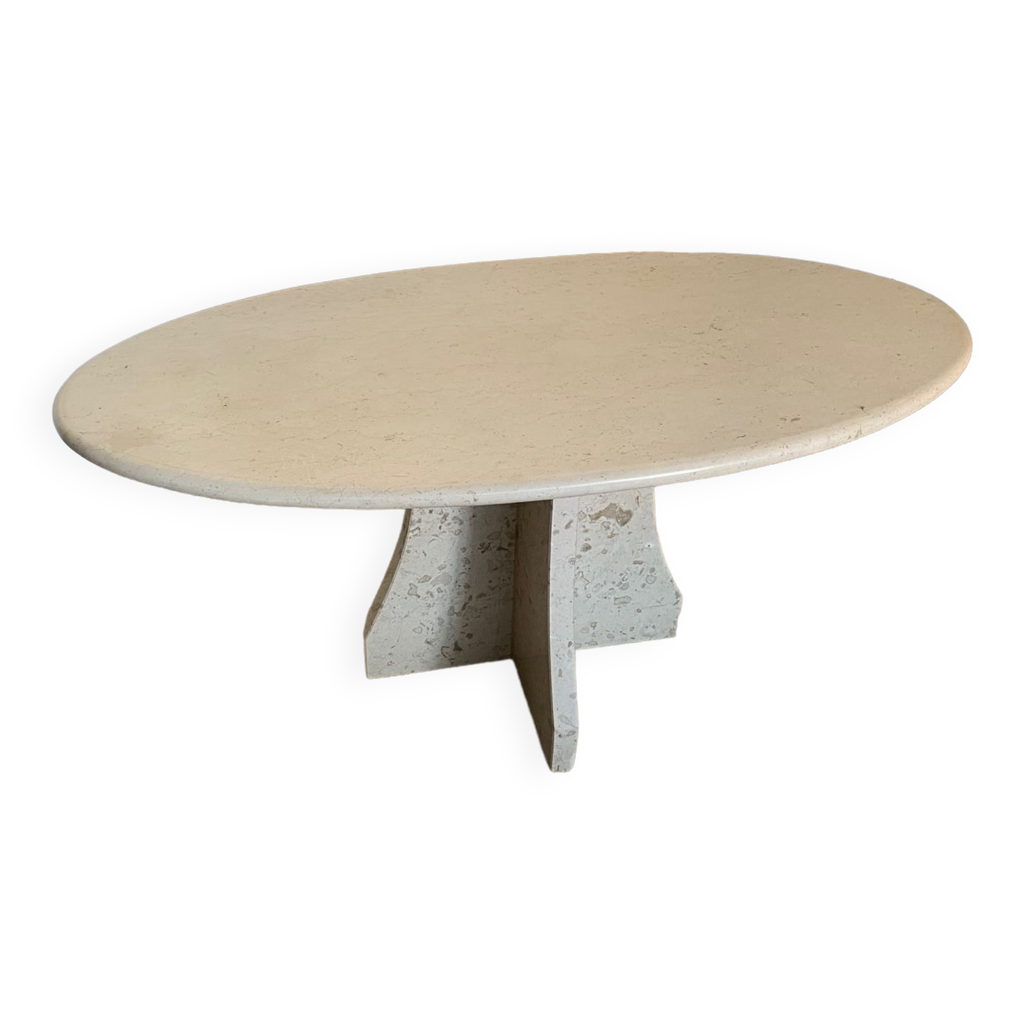 Table basse ovale en travertin pied central en croix vintage 70s | Selency