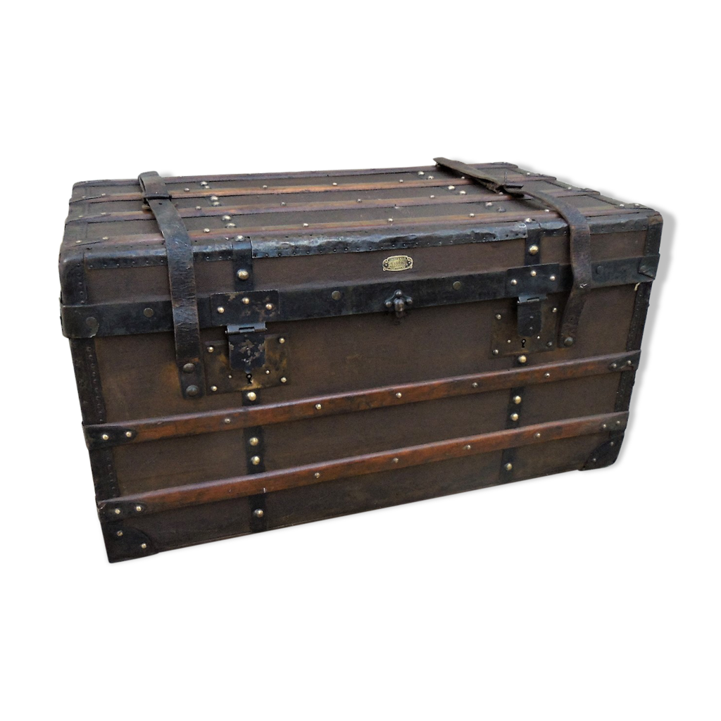 Ancien coffre bois et cuir , malle ancienne clou laiton et lanière cuir | Selency