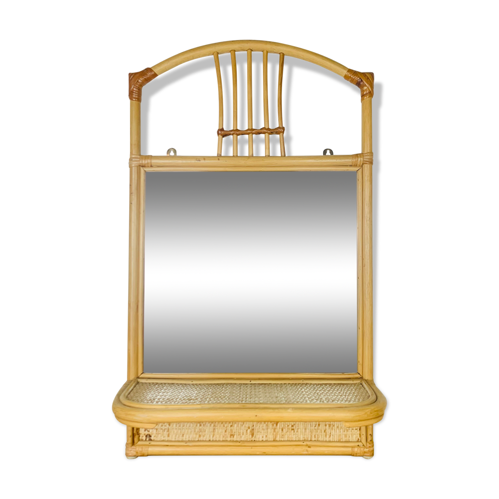 Miroir rotin avec tablette vintage années 60 | Selency