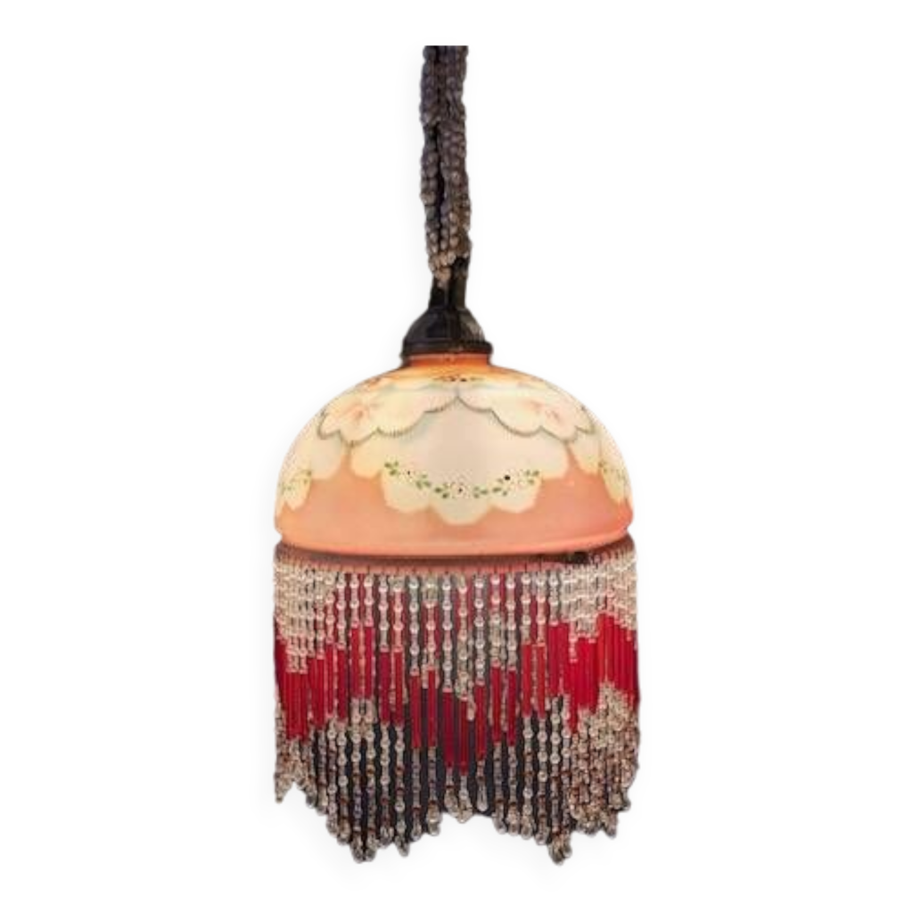 Suspension art deco ancienne, globe en opaline peinte et franges de ...