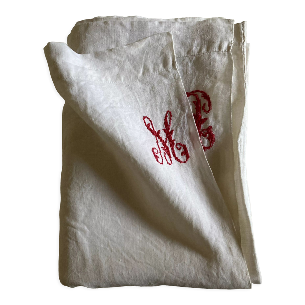 Nappe en fil de lin 19e brodée rouge | Selency