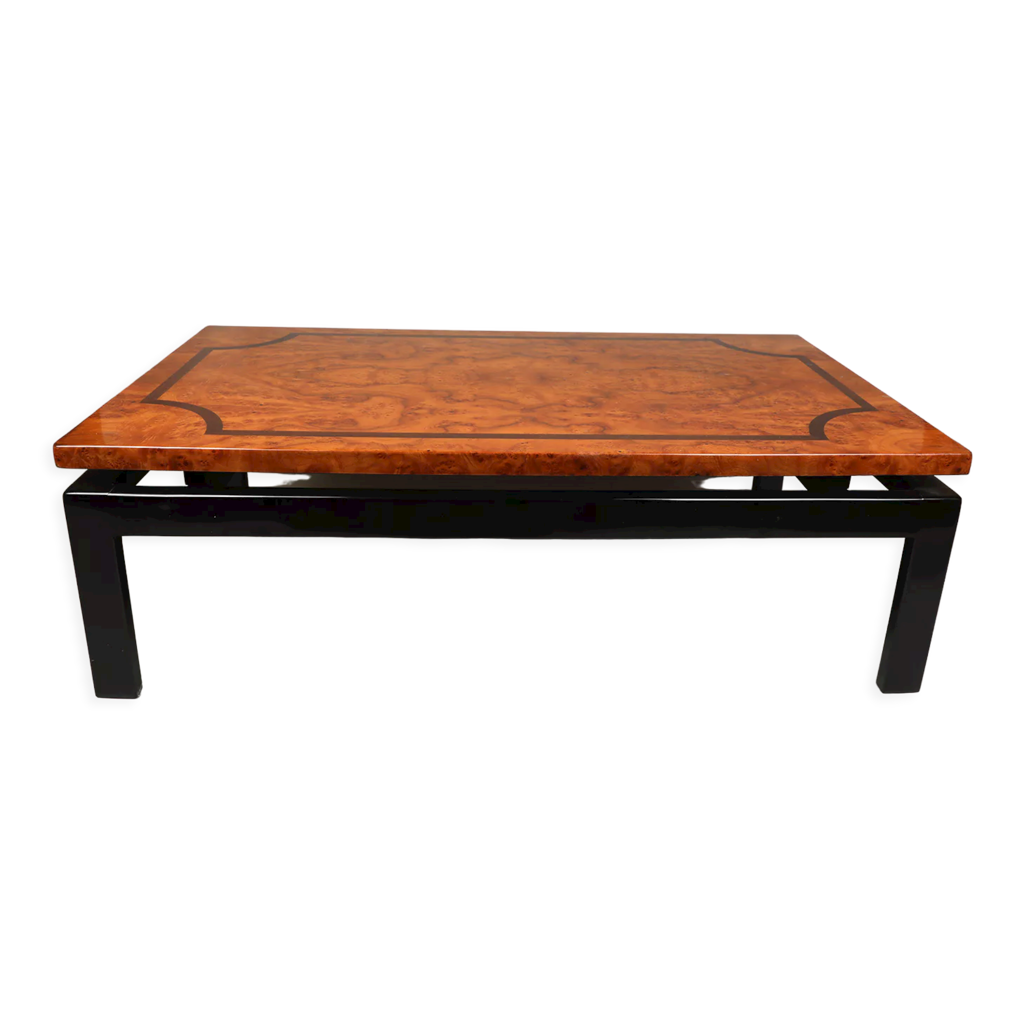 Table basse vintage laquée noire et plateau en bois de loupe d'orme et marqueterie | Selency