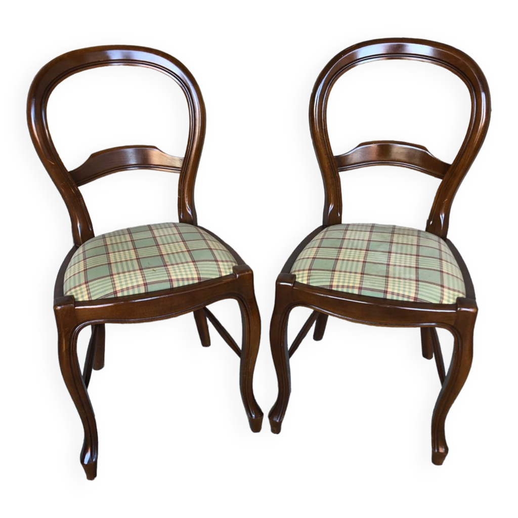 Paire de chaises Louis Philippe en merisier et tissu carreaux vintage ...