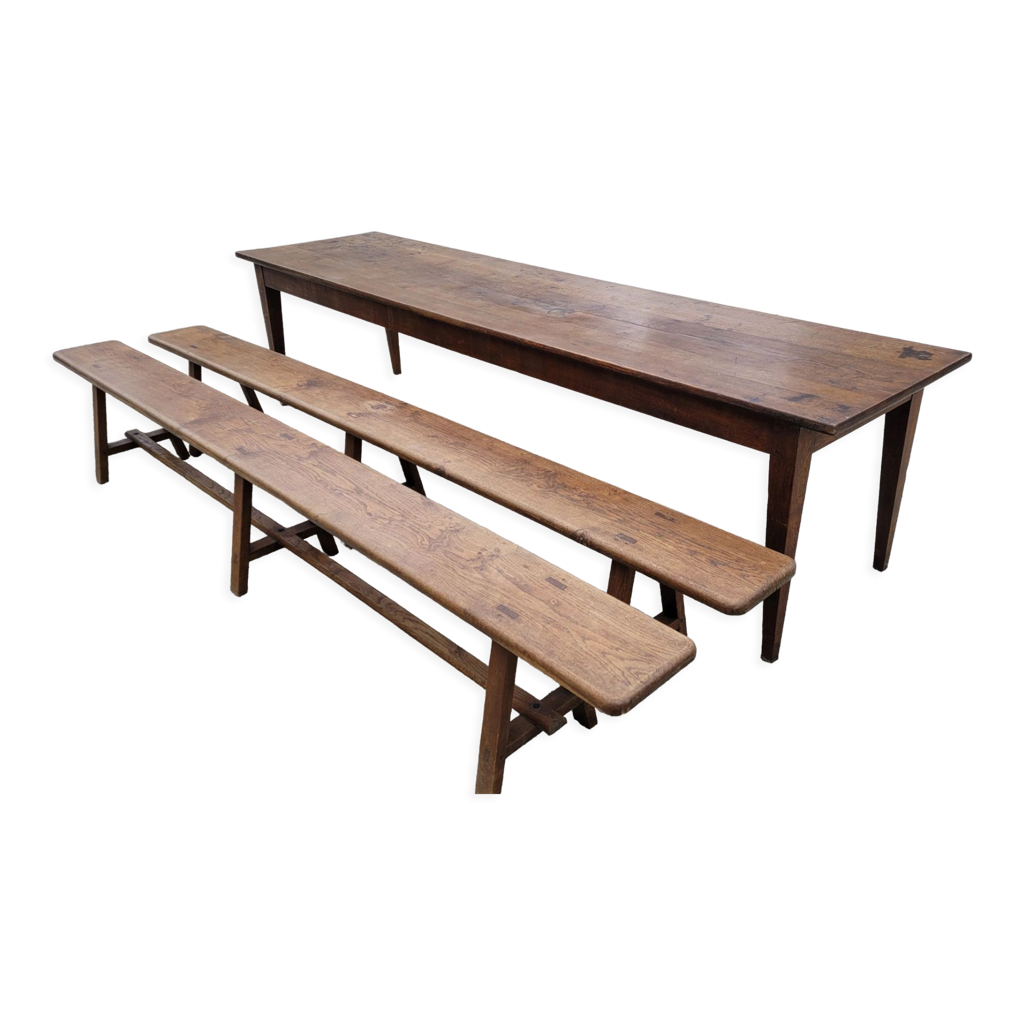 Table de ferme avec bancs en chêne massif époque 1900 -3m | Selency