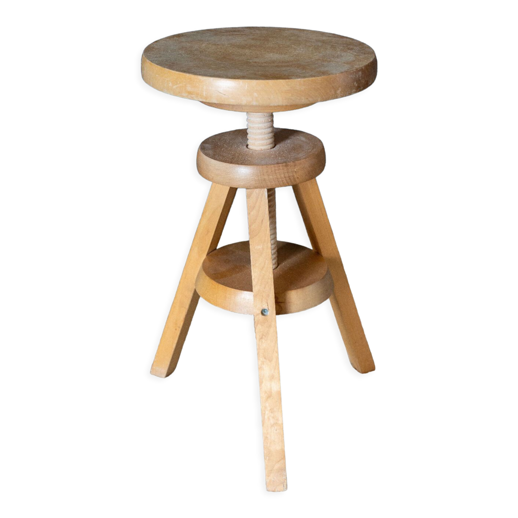 Tabouret atelier tripode sur pied vis en bois naturel 1970 | Selency
