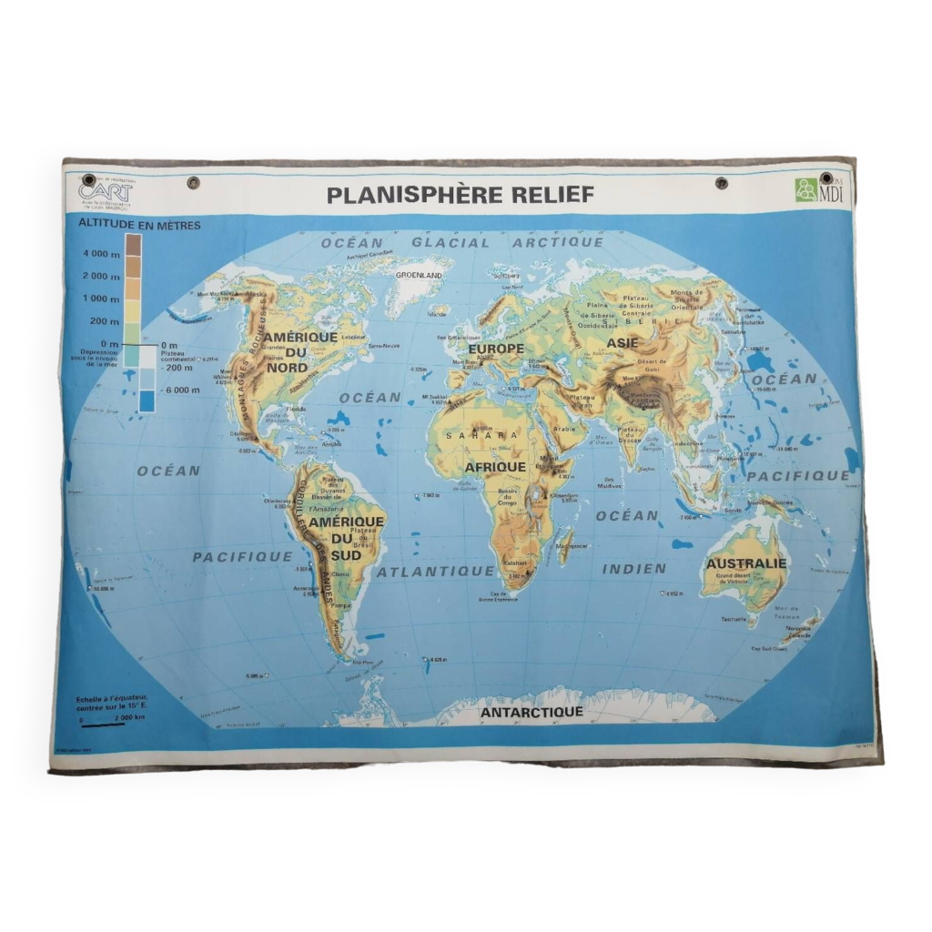 Ancienne carte MDI scolaire : Le monde, planisphère politique et relief ...