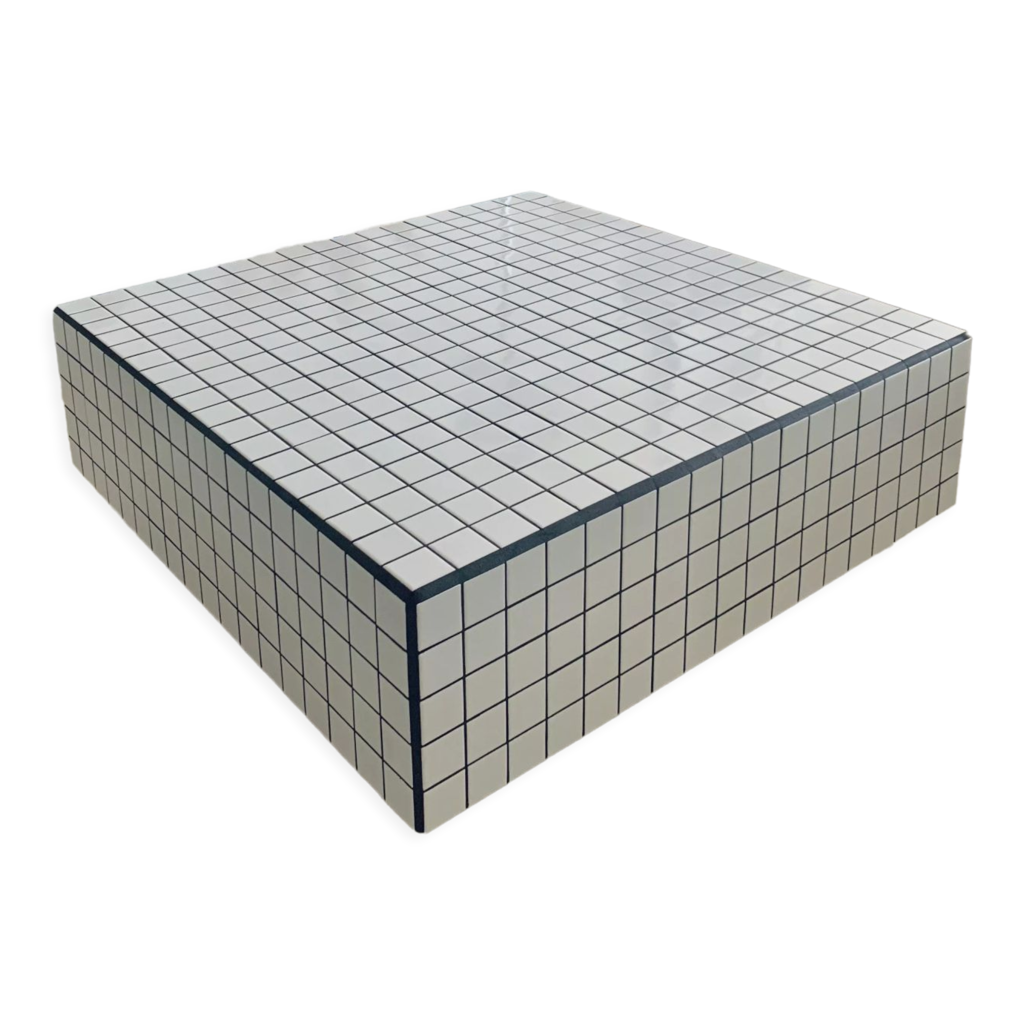 Table basse carrelage mosaïque blanc et joint noir | Selency