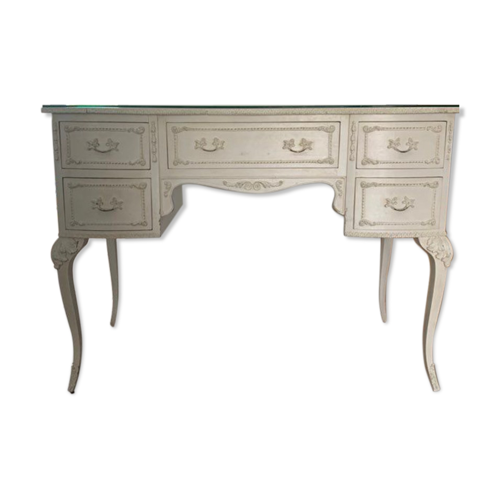 Bureau vintage style Louis XV en bois blanc avec plateau en verre | Selency