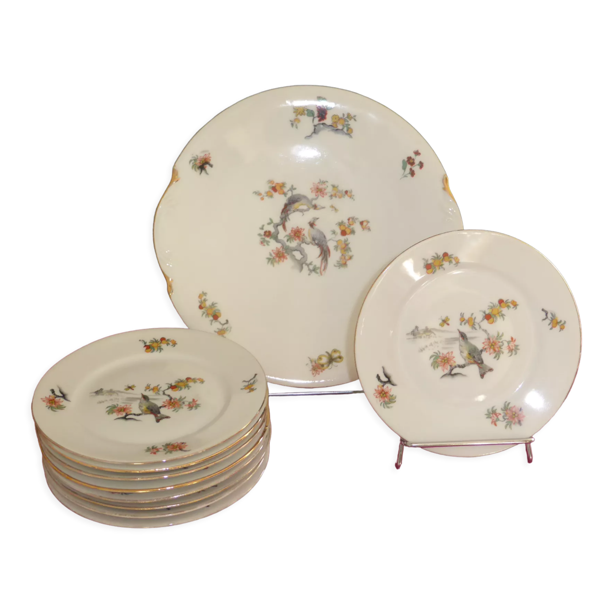 Plat à gâteau et 9 assiettes à dessert en porcelaine Limosa Ste Foy ...