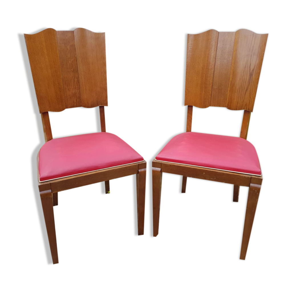 Paire ancienne chaise art deco bois avec assise cuir rouge vintage ...