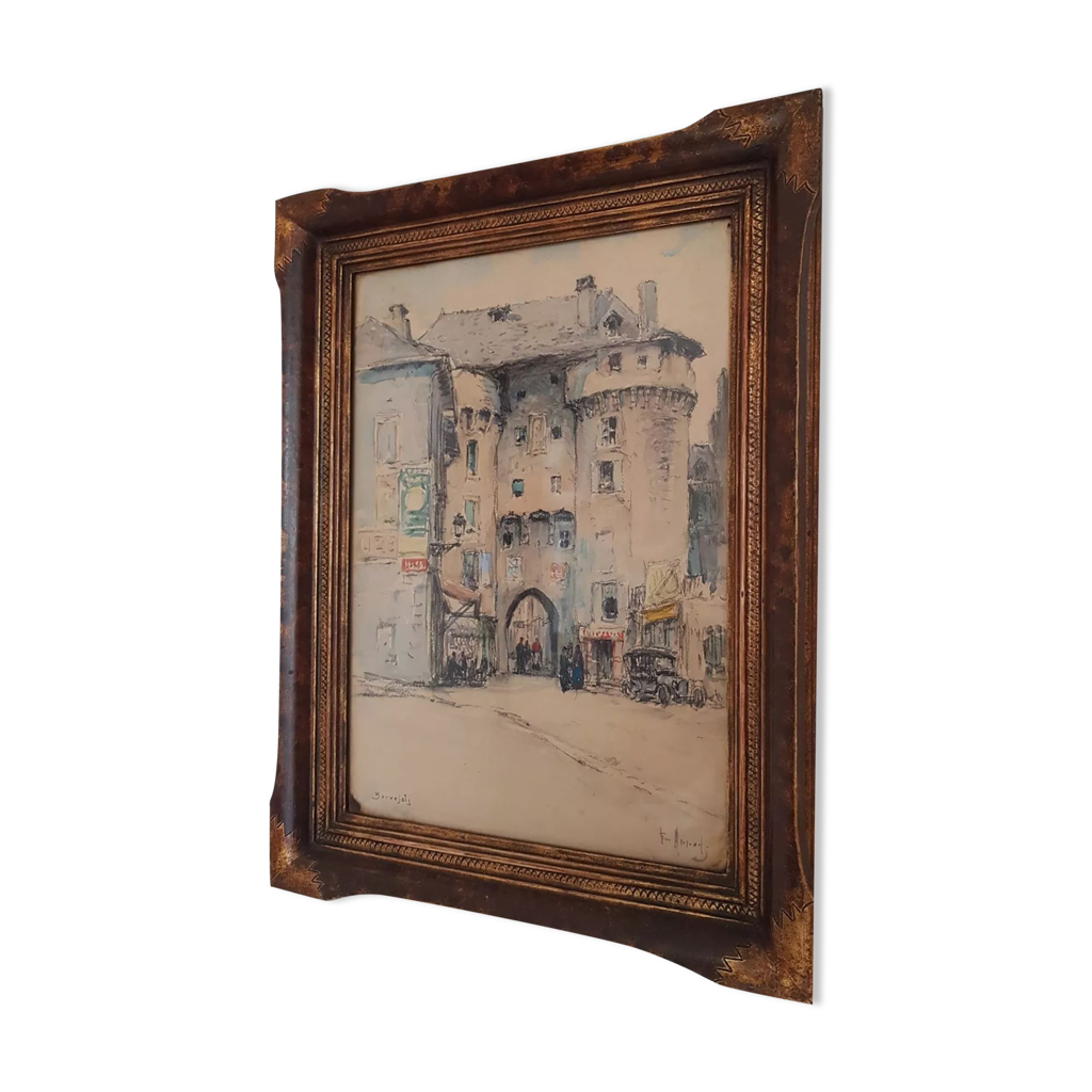 Tableau ancien aquarelle "entrée fortifiée de Marvejols" | Selency