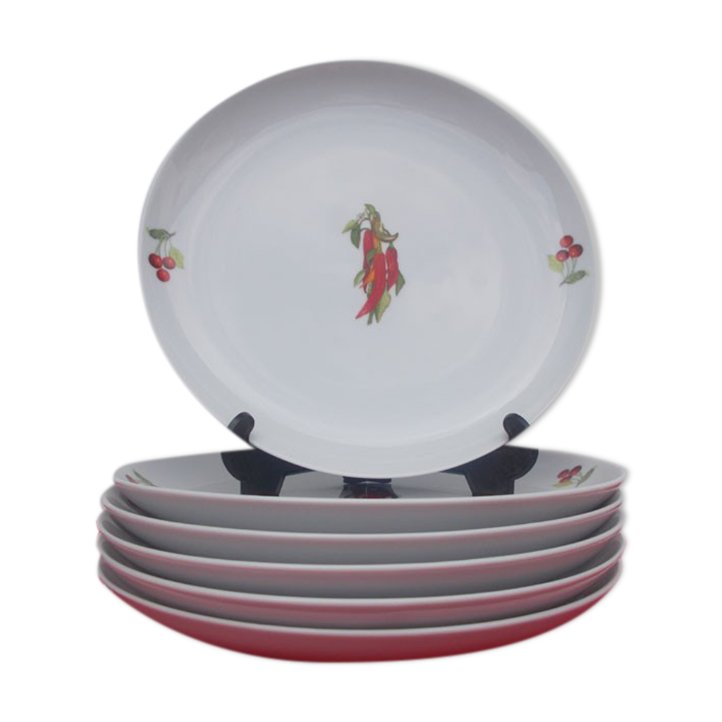 6 assiettes porcelaine basque décor piments et cerises | Selency