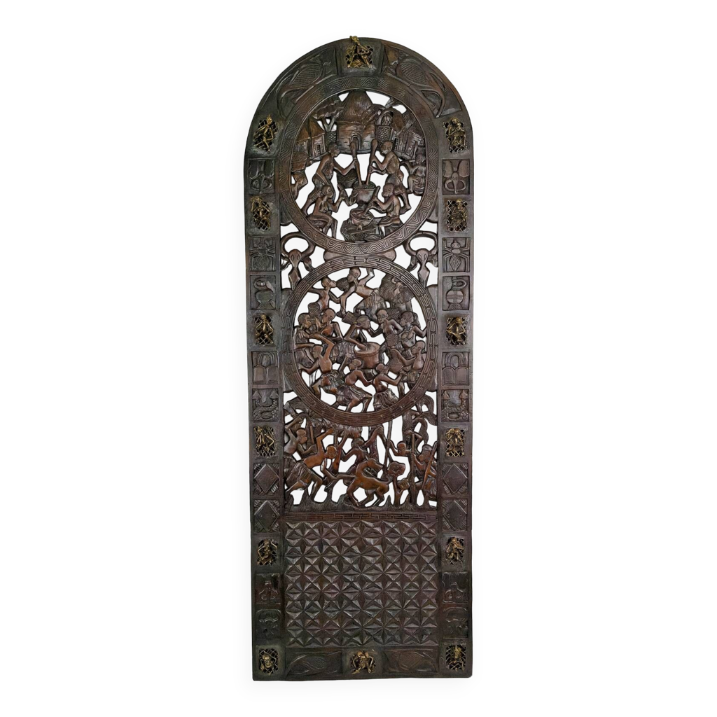 African door in carved wood and bronze of village chief Baboun ...