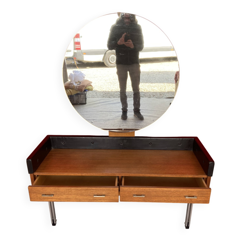 Coiffeuse scandinave en teck avec un grand miroir rond | Selency