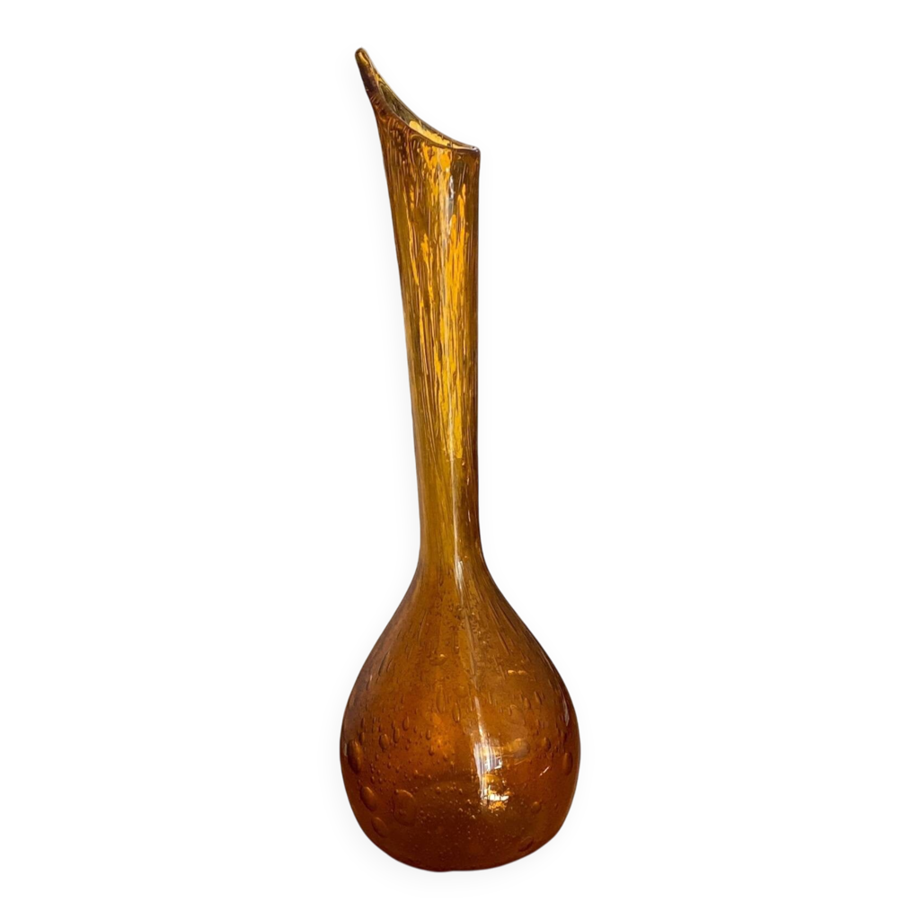 Vase soliflore vintage en verre bullé soufflé ambré dlg Biot | Selency