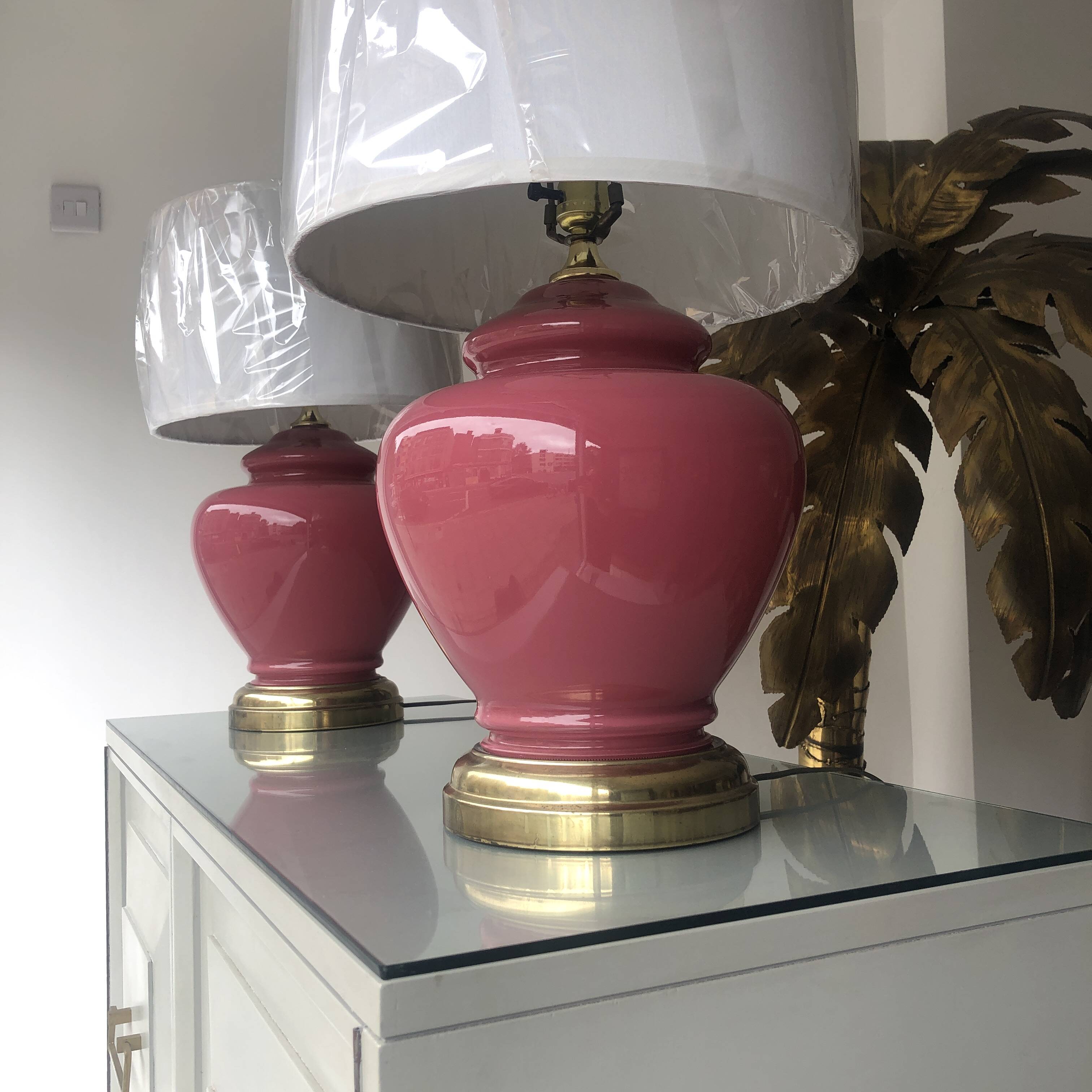 Pair Of Big Glass Raspberry Table Lamps Hollywood Regency 1970s Brass ...