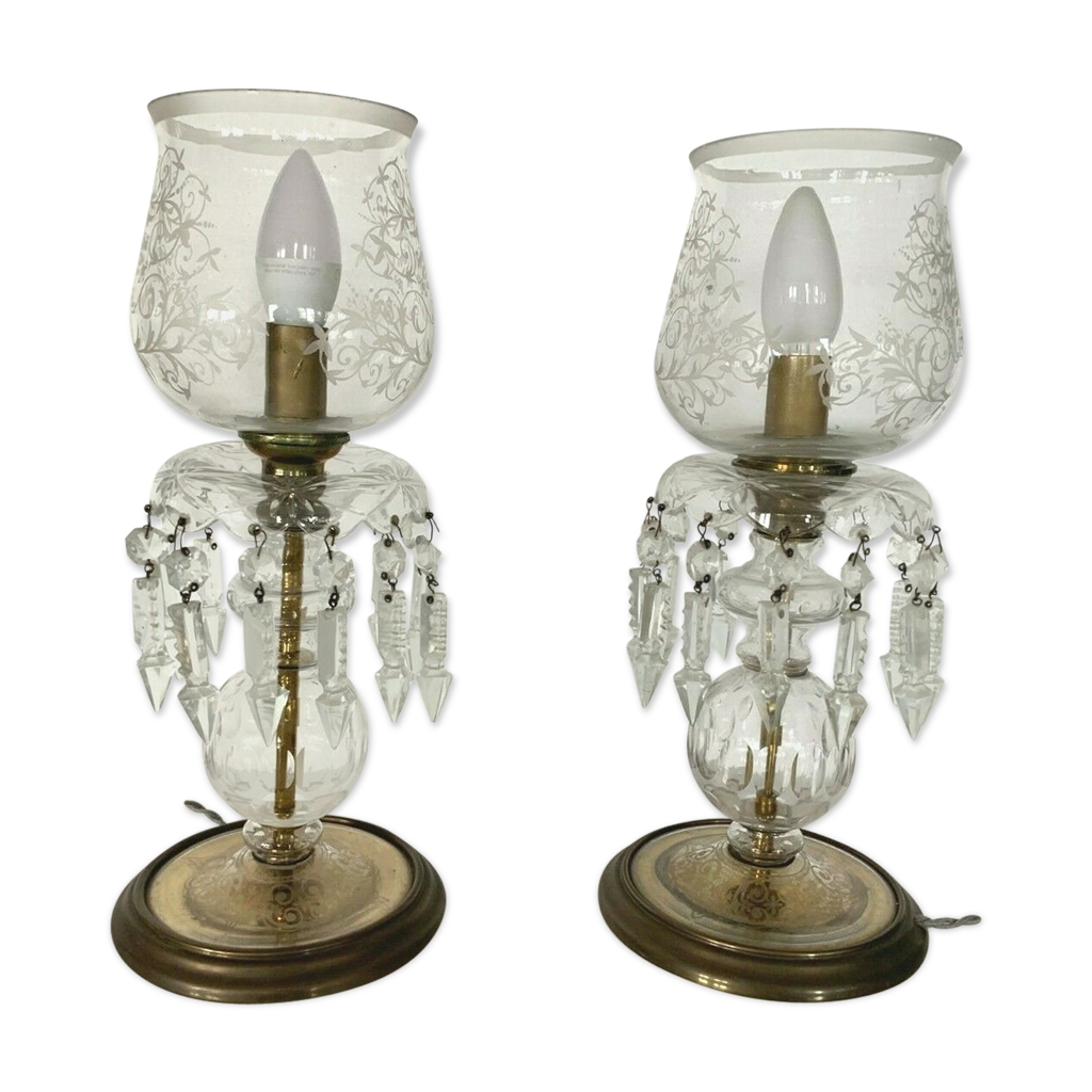 Paire de lampe photophore a pendeloques socle en laiton XX siècle | Selency