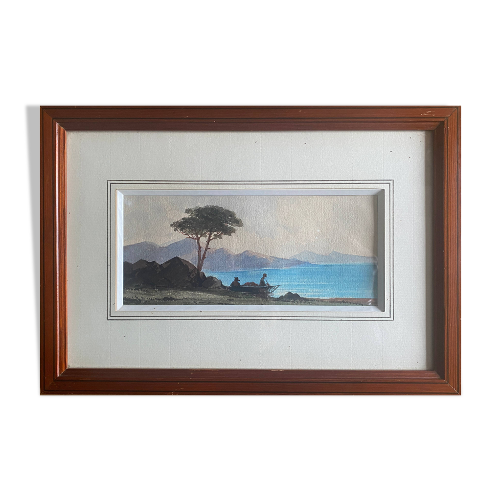 Tableau Aquarelle "Paysage lacustre mediterranéen animé" + cadre pitchpin | Selency