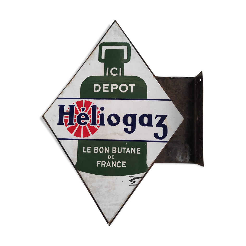 Plaque publicitaire tôle émaillée vintage Heliogaz double face | Selency