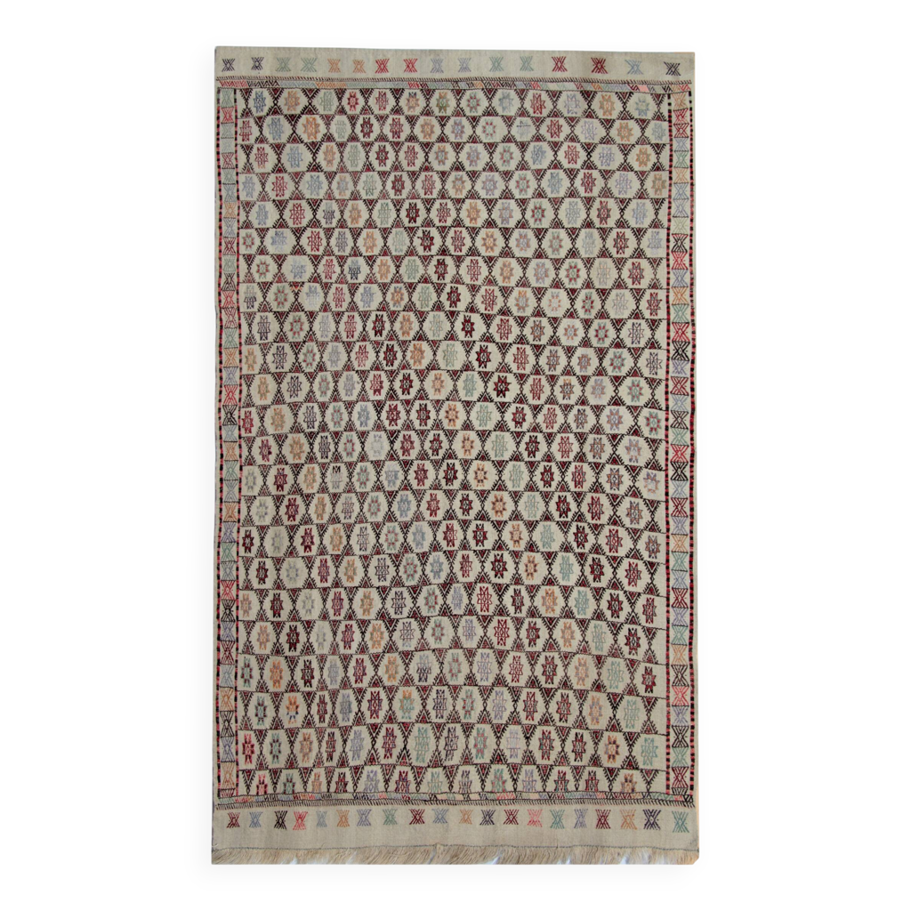Tapis Kilim turc ancien : laine beige, motif tribal en zigzag, 141 x ...