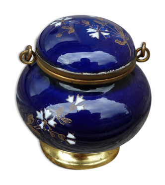 Ancien encrier petit pot porcelaine de Sevres bleu de four fleurettes ...