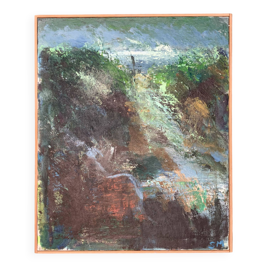 Huile abstraite sur toile paysage marin « Côte d'Hakland » signée par ...