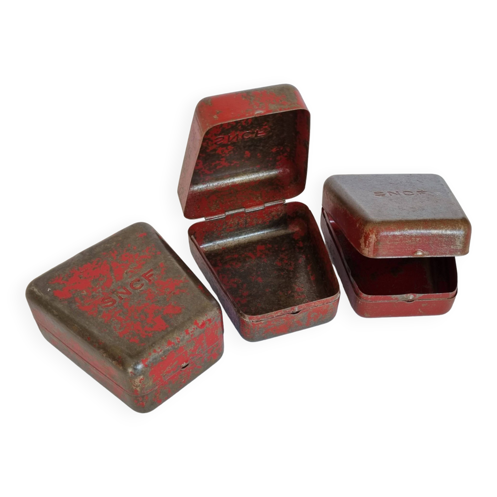 Set of three red painted metal railway boxes with SNCF logo | Selency