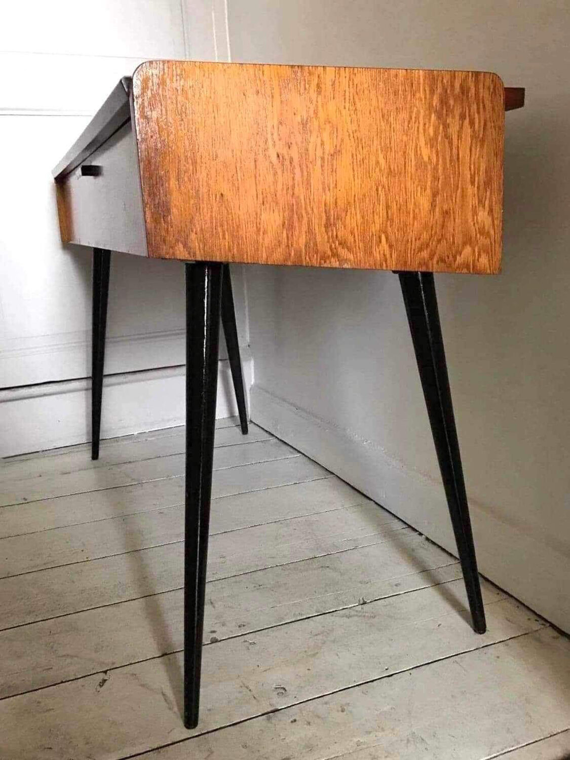 Bureau vintage pieds compas bois, meuble coiffeuse ancien, console | Selency